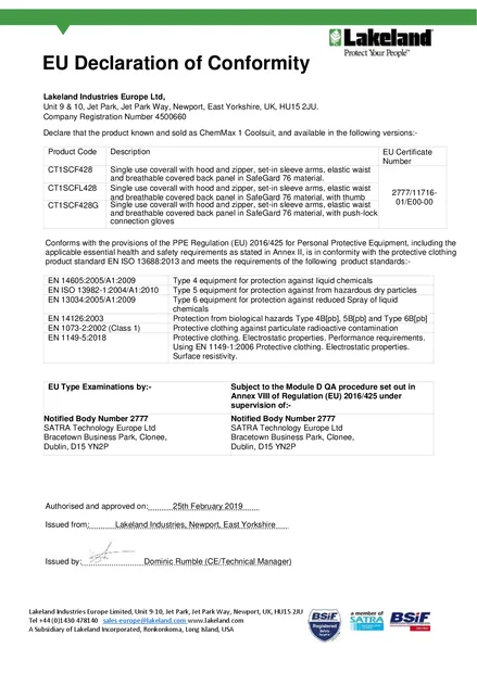 ChemMax 1 Cool Suit (Full Body) - Declaration of Conformity | Declaration of Conformity ...