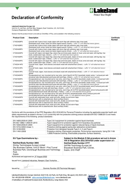 ChemMax 4 Plus (Full Body) - Declaration of Conformity | Declaration of Conformity | Lakeland ...