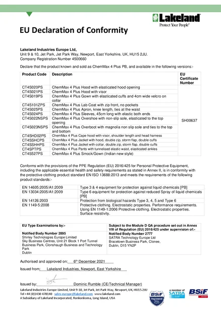 ChemMax 4 Plus (Part Body) - Declaración de conformidad | Declaración de conformidad | Lakeland ...