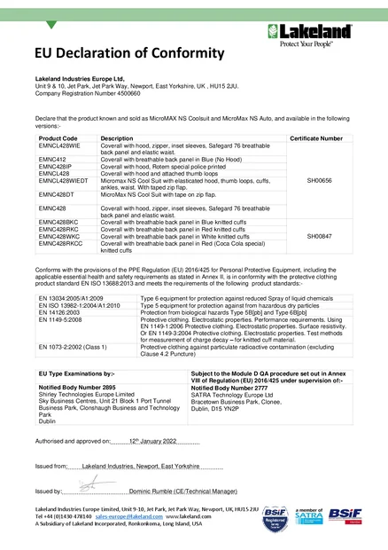 MicroMax NS COOL SUIT AND AUTO (Full Body) - Declaration of Conformity ...