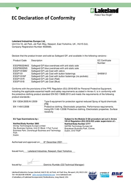 SafeGard GP (Part Body) - Declaration of Conformity | Declaration of ...