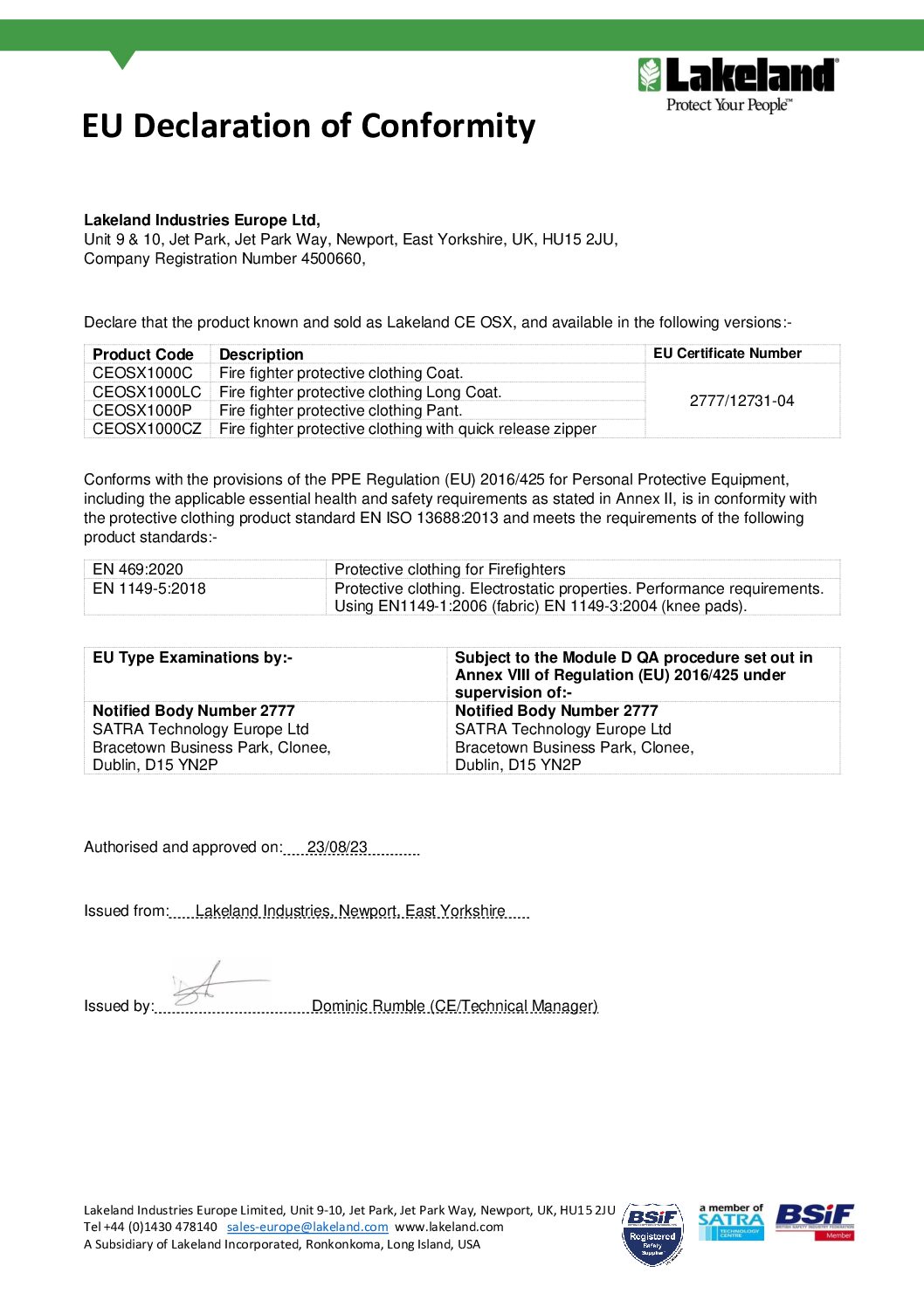 CE OSX - Declaration of Conformity | Declaration of Conformity | LAKELAND FIRE + SAFETY