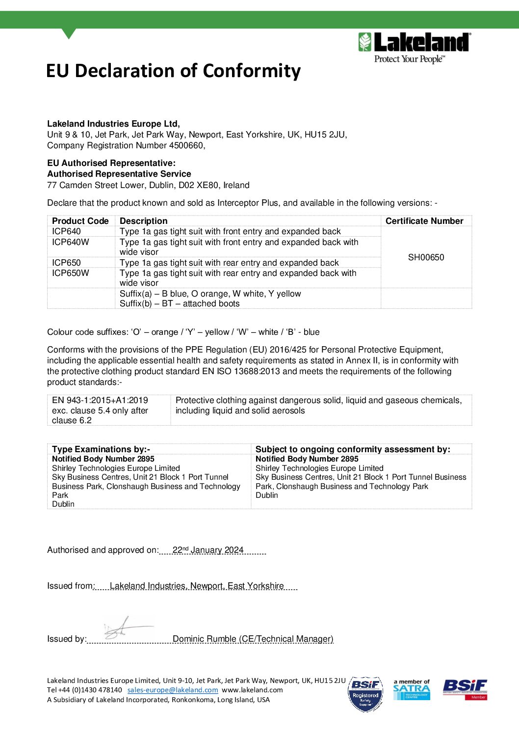 INTERCEPTOR PLUS A - Declaration of Conformity | Declaration of Conformity | LAKELAND FIRE + SAFETY