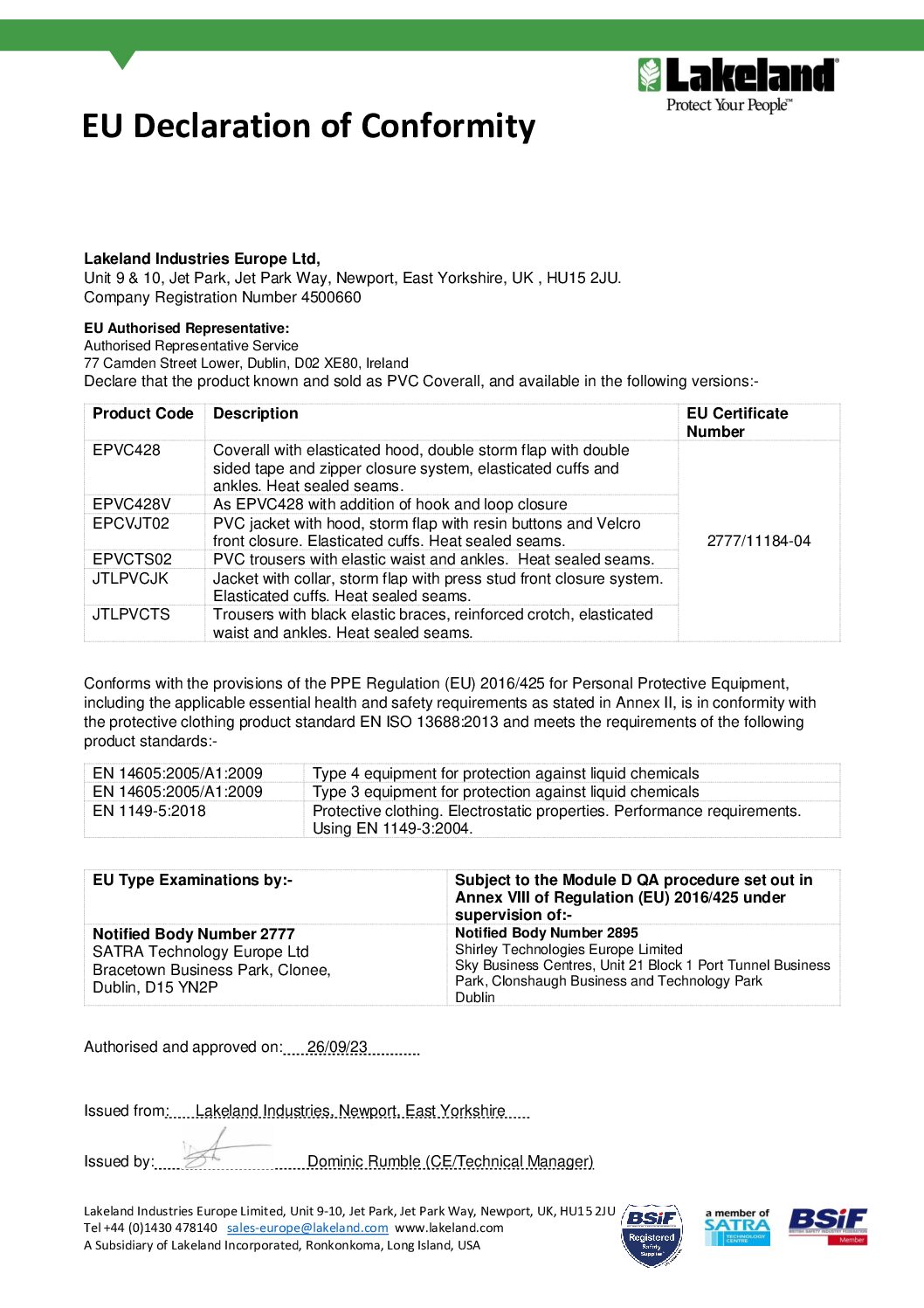 PVC Coverall (Part Body) - Declaration of Conformity | Declaration of ...