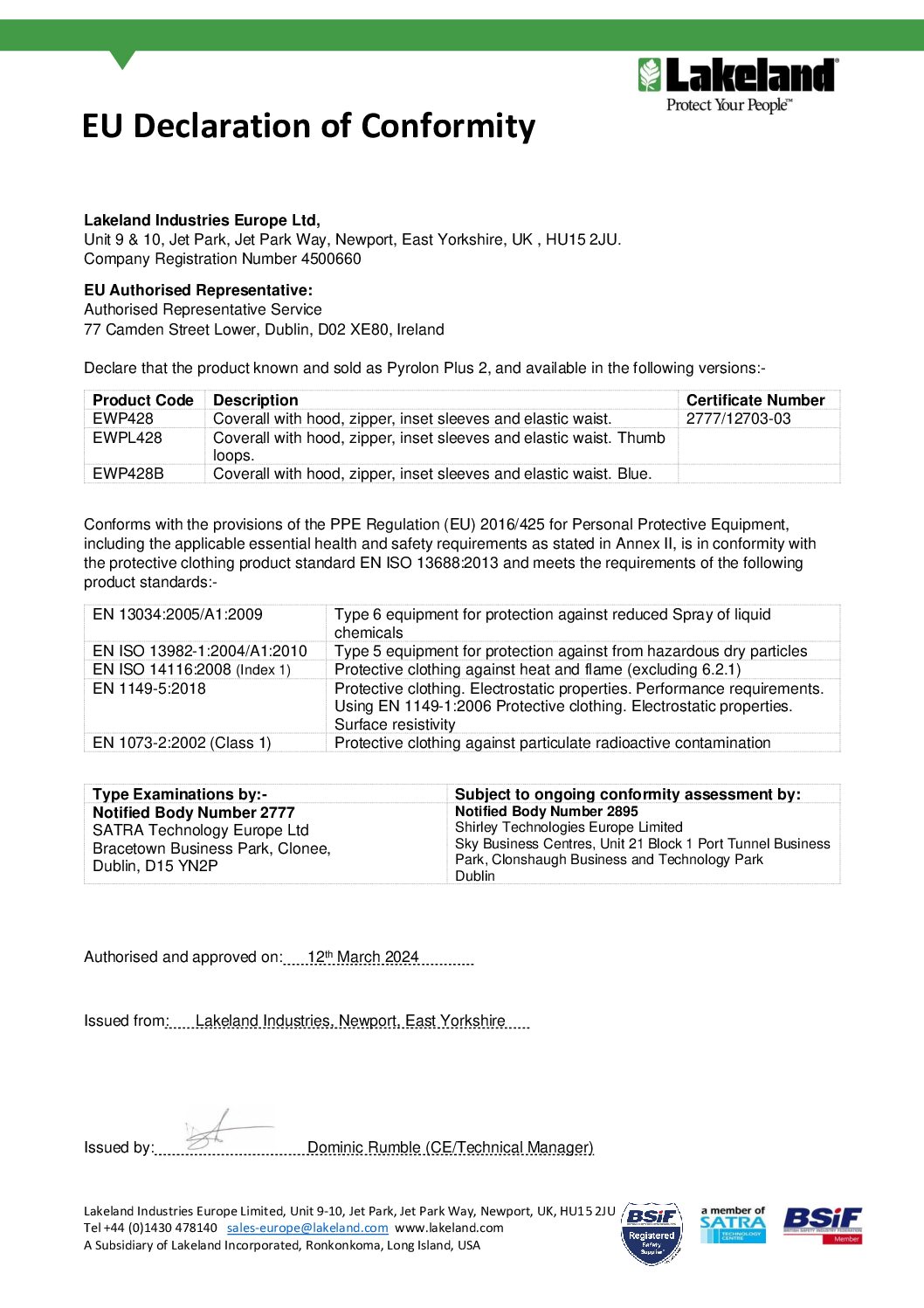 Pyrolon Plus 2 (Full Body) - Declaration of Conformity | Declaration of ...