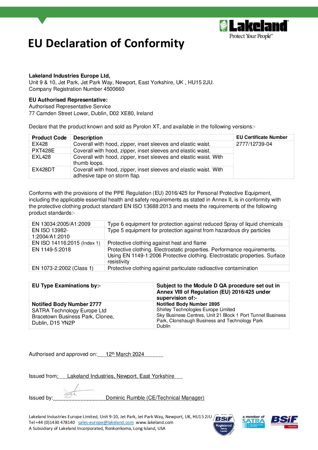 Pyrolon XT (Full Body) - Declaration of Conformity | Declaration of ...