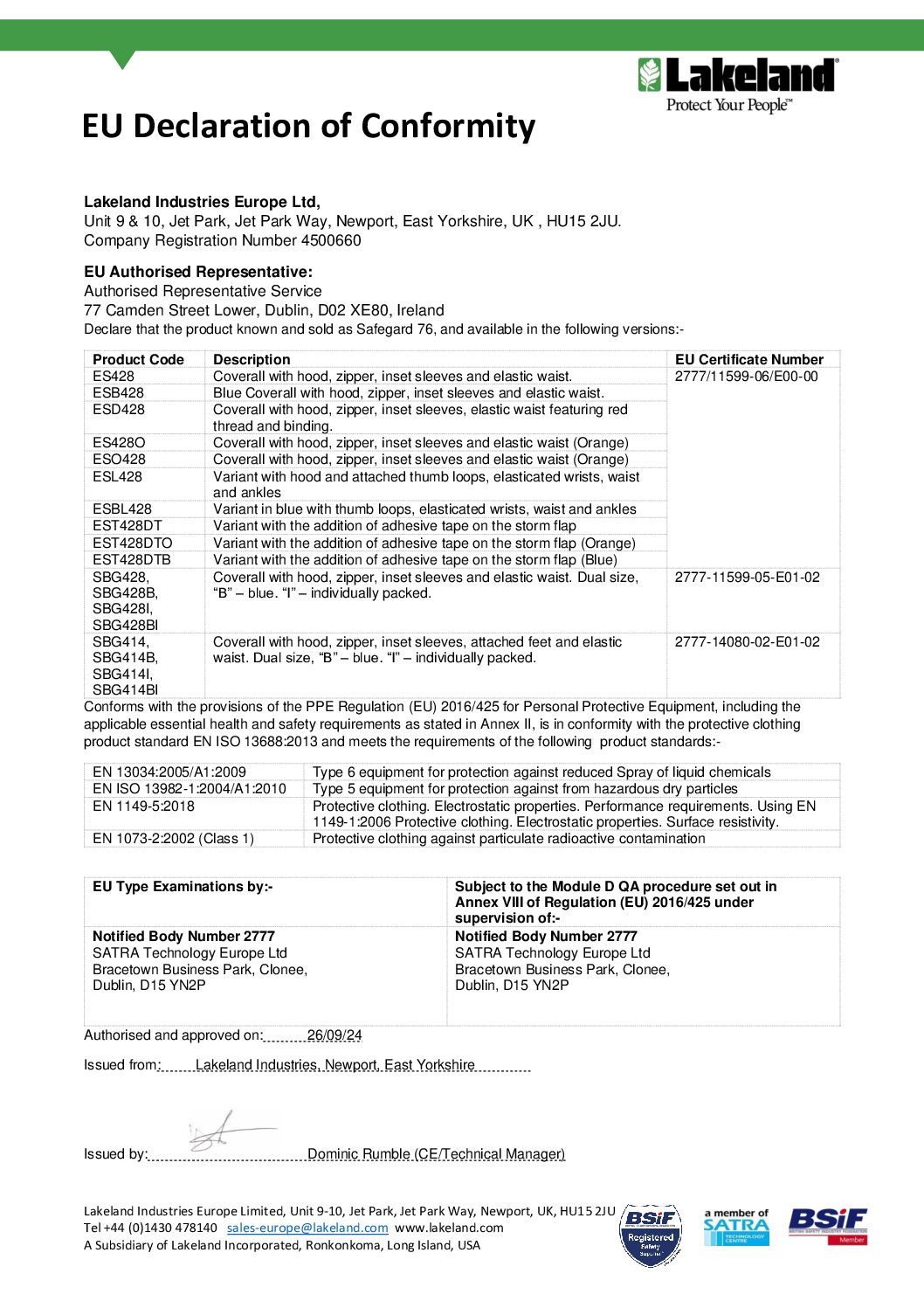 SafeGard 76 (Full Body) - Declaration of Conformity | Declaration of ...