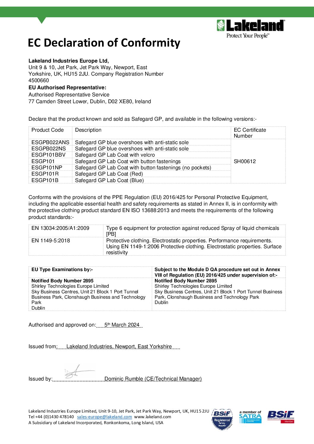 SafeGard GP (Part Body) - Declaration of Conformity | Declaration of Conformity | LAKELAND FIRE ...