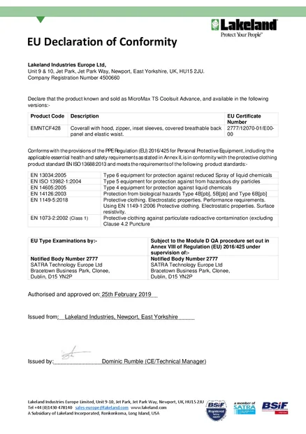 MicroMax TS Cool Suit (Full Body) - Declaration of Conformity ...