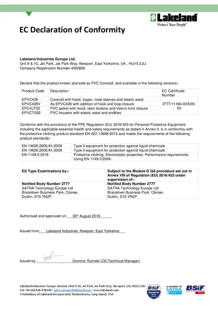 PVC Coverall (Part Body) - Declaration of Conformity | Declaration of ...