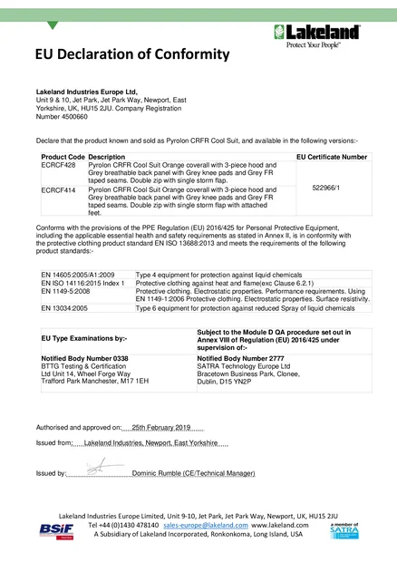 Pyrolon CRFR Cool Suit (Full Body) - Declaration of Conformity ...