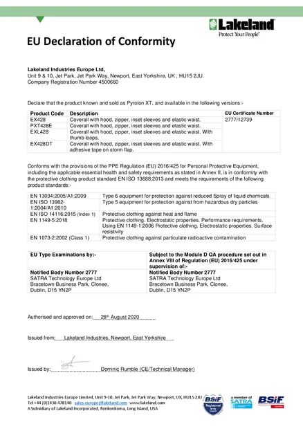 Pyrolon XT (Full Body) - Declaration of Conformity | Declaration of ...