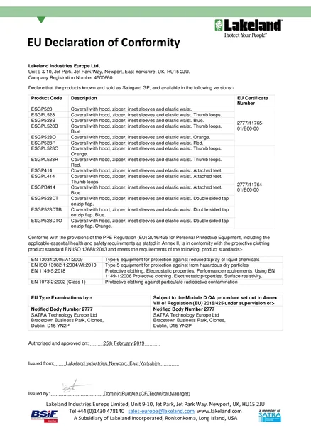 SafeGard GP (Full Body) - Déclaration de conformité | Déclaration de conformité | Lakeland ...
